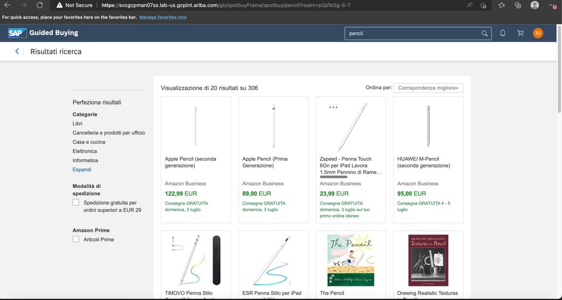 Ricerca prodotti integrata SAP Ariba | Amazon Business